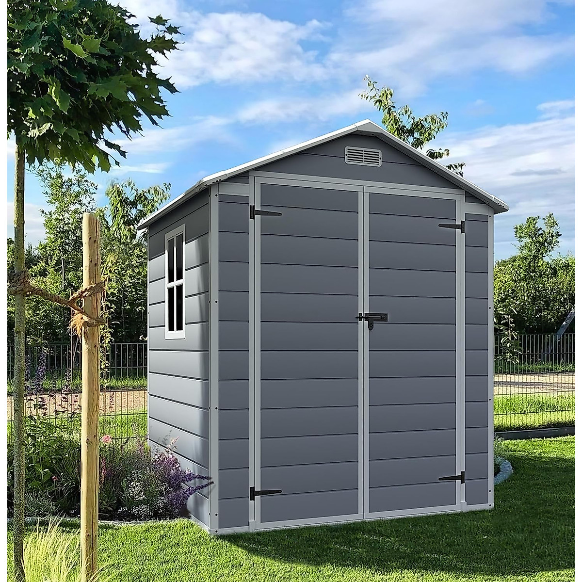 Devoko Outdoor Storage Shed, 6x4 FT Plastic Resin Shed with Floor, Garden Tool Sheds with Lockable Door for Patio Backyard Lawn Pool