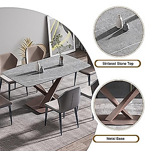 Modern Kitchen Dining Table for 6, Artificial Sintered Stone Table Top Rectangle Kitchen Table with Curved Edge and X-Shape Base, Dinner Table for Resterant Dining Room Office, Grey(Without Chairs)