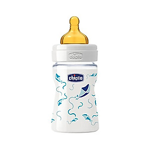 Chicco Feeding Bottle Well-Being 150ml Glass Decorated and Rubber Boy 0M +
