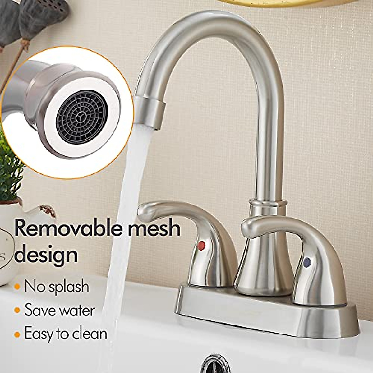 Bathroom Sink Faucet FRANSITON 4 Inch Faucet 2 Handle Bathroom Sink Faucet Lead-Free Brushed Nickel Bath Sink Faucet with Pop-up Drain Stopper and Supply Hoses