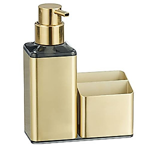 mDesign Modern Aluminum Kitchen Sink Countertop Liquid Hand Soap Dispenser Pump Bottle Caddy with Storage Compartments - Holds and Stores Sponges, Scrubbers and Brushes - Soft Brass Finish