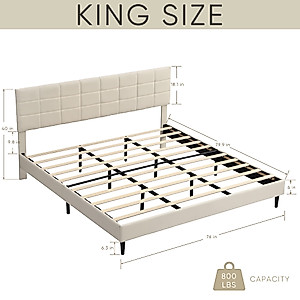 Jintop King Size Platform Bed Frame with Fabric Upholstered Headboard and Wooden Slats,No Box Spring Needed,Easy Assembly, Bedroom Furniture for Teens & Adults,Dark Beige