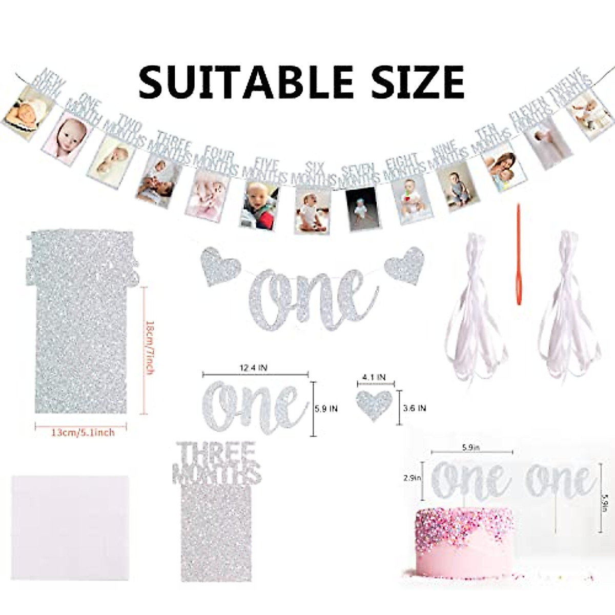 Silver 1st Birthday Baby Photo Banner for Newborn to 12 Months And Alphabet ONE Bunting, Alphabet ONE Cake Topper for Baby Show First Birthday Party Decoration