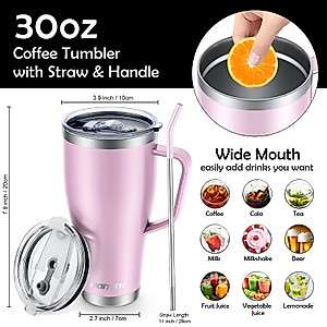 Hamino 30 oz Tumbler with Lid and Straw Handle, Double-Wall Vacuum Travel Coffee Mug with Handle, Stainless Steel Insulated Coffee Tumbler Mug Cup for Home Office Travel HOT COLD Drinks (Dream Pink)