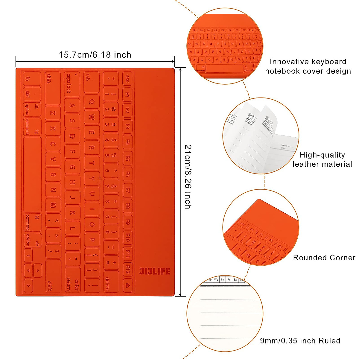 JIJLIFE Smart Reusable,and Durable keyboard pattern A5 Size (8.27"×5.9") Premium Orange Leather Notebook With An Erasable blue/black refill Pen And a Free Notebook of Ordinary And a Set of Brightly Colored Memo And Paper Clips