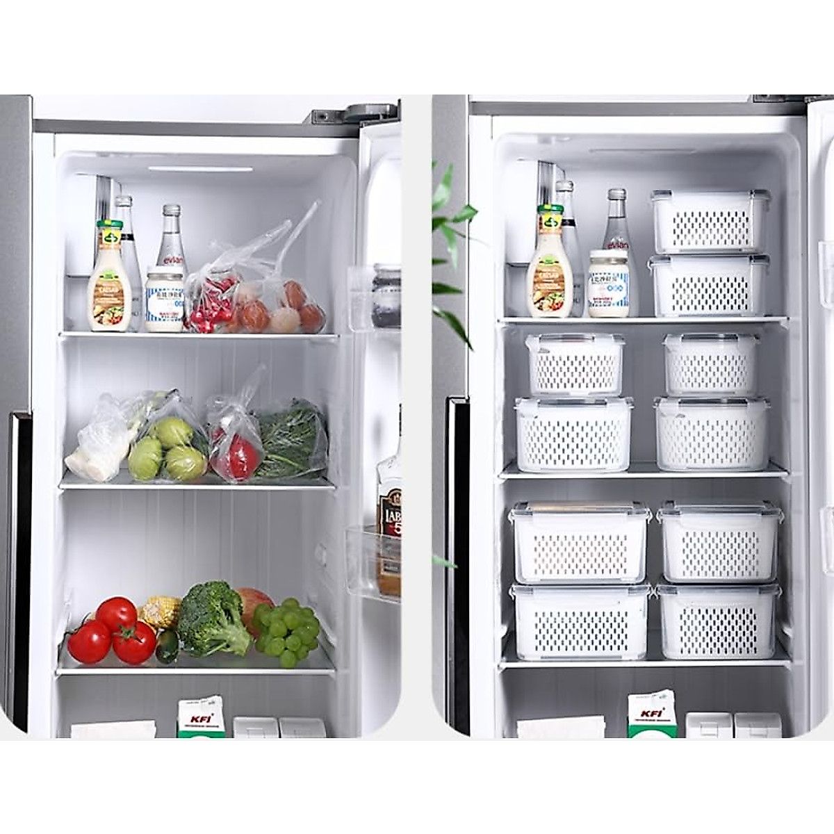 HOMEEE 4 Pack Large Airtight Fridge Food Organizer Containers, Fruit and Vegetable Storage Containers with lids, Portable Outdoor Picnics Food Storage with Removable Colanders(4.15L+3.15L+1.7L+0.8L)