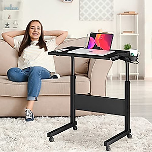 Klvied Standing Desk Adjustable Height, Stand Up Desk with Cup Holder, Portable Laptop Desk, Mobile Standing Desk, Small Computer Desk, Bedside Table, Black Rolling Desk, Work Desk for Home Office