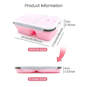 fancyfree Collapsible Silicone Benton Container, Leakproof Lunch Box with 3 Compartments, BPA Free Safe Food Storage Organizer (Pink)