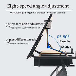 EESHHA Drawing Table Adjustable Height Drafting Desk/Tiltable Glass Tabletop Drawing Table with 2 Storage Drawers and One Side, for Reading, Writing Art Craft W/Stool, 90 * 60 * 78-93CM