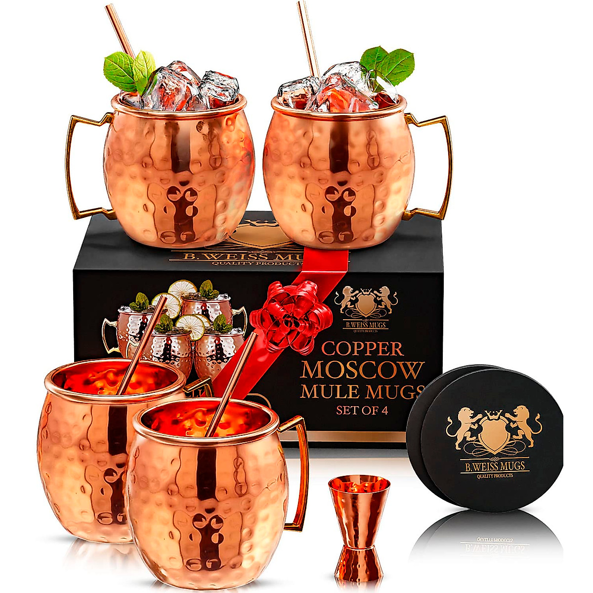 B. WEISS Premium Moscow Mule Mugs Set of 4 with Bonus Accessories - 100% Real Copper cups, Handcrafted, 16 oz - Includes Copper Straws, Jigger, and Coasters -Gift for Any Occasion - Food Safe