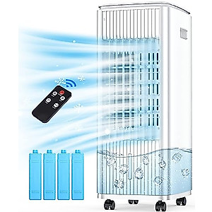 Evaporative Air Cooler, BALKO 3-IN-1 Windowless Swamp Cooler w/ 0.8 Gal Detachable Water Tank, 7H Timer & Remote, 4 Ice Pack, 70° Oscillation, Ductless Air Conditioner Portable for Room Indoor Office