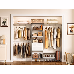 MJOMKN 8FT Closet System with Drawers, Walk-In Closet Organizer with 3 Adjustable Hanging Rods, Wood Closet Storage, Heavy Duty Clothes Rack, 96" L x 16" W x 75" H, Adjustable Wardrobe Rack, White