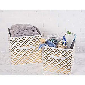 DII Non Woven Polyester Metallic Diamond Storage Bin, Small Set of 2, White/Gold