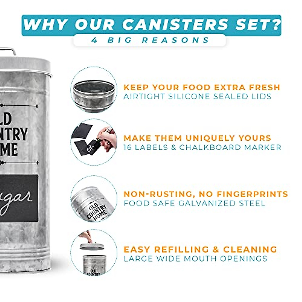 Saratoga Home Farmhouse Canister Set for Kitchen Coffee Tea Sugar Container Set with Labels & Marker, 4 Airtight Galvanized Rustic Tin Metal Flour Sugar Canister Sets for Kitchen Counter, Silver