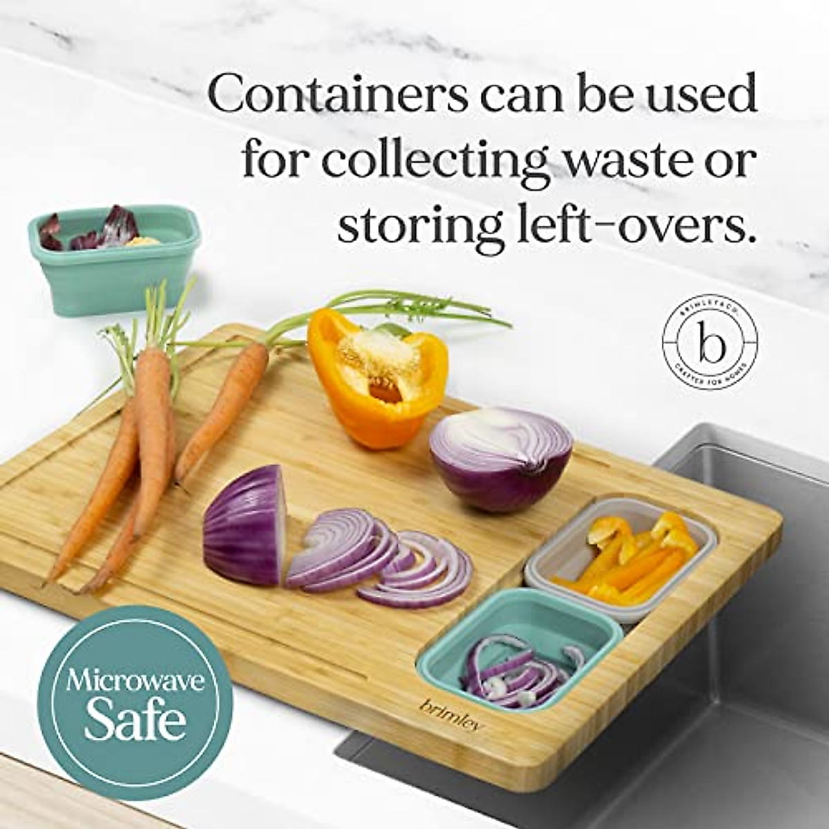 Brimley Bamboo Wood Cutting Board - Wooden Cutting Board with Containers and Lids for Food Storage - Over Edge Hanging Cutting Boards for Kitchen with Anti-slip Feet - Home and Kitchen Gadgets