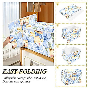 RunningBear Blue Flowers Teddy Bear Large Storage Bins with Lid Collapsible Storage Bin Dog Toy Storage Bin Fabric Storage Baskets for Closet Nursery Cabinet Living Room