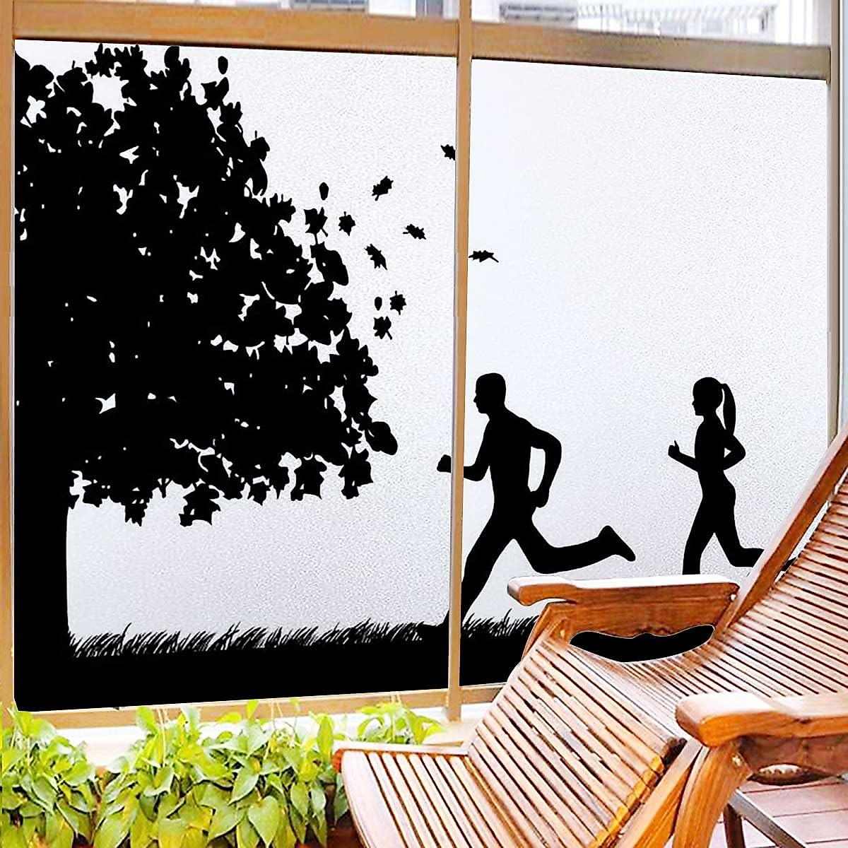 White Black Frosted Window Privacy Film Blackout Static Cling Removable Window Film Sun Blocking Anti UV Glass Film for Home Sliding Door Trees Forest Design Figure Silhouette 35.4Wx63L-inch x2 Pcs