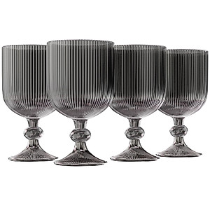 KooK Vintage Ribbed Wine Glasses, Ribbed Glassware, Colored Wine Glasses, Goblet, Art Deco, Set of 4, 13 oz, for Water, Wine, Stemmed Drinking Glasses, Embossed Pattern, Wedding Party Bar, Black,