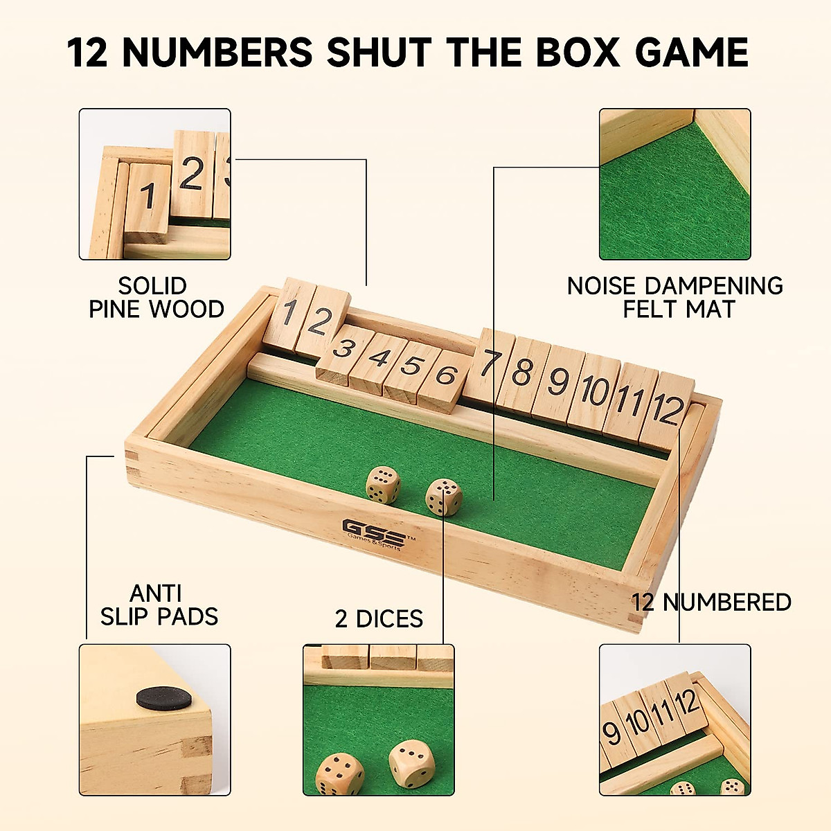 GSE Games & Sports Expert Wooden Shut The Box 12 Numbers Dice Game Board with 2 Wooden Dices, Classic Tabletop Version of The Popular English Pub Game