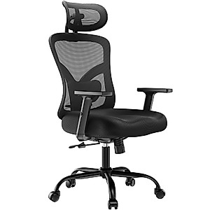 HUANUO Ergonomic Office Chair, High Back Desk Chair with S-Shaped Backrest, Adjustable Lumbar Support, Headrest, Armrest, Mesh Computer Chair with Thicker Seat Cushion and Tilt Function, Black