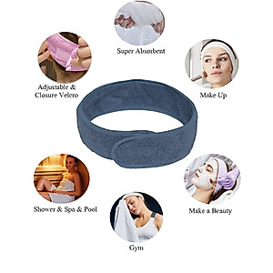 Women’s Terry Cloth Bath Towel Wrap with Adjustable Closure Elastic Robe & Facial Strap (M,Grey Blue)