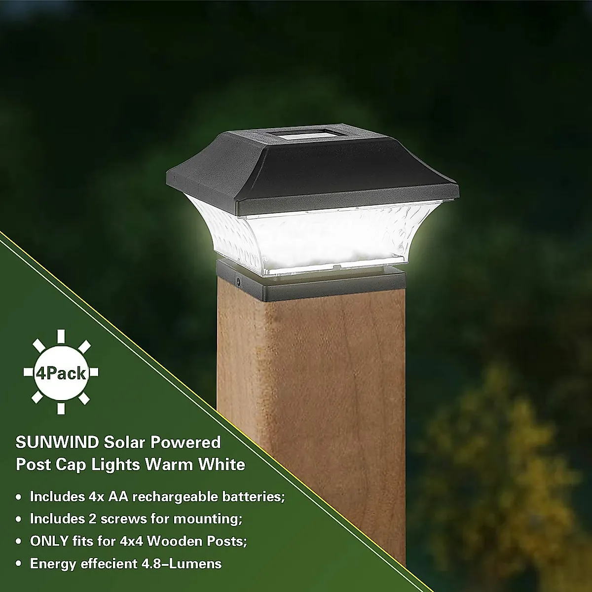 SUNWIND Solar Post Cap Lights Outdoor - 4 Pack LED Fence Lights for 4X4 & 5X5 Wooden Posts Warm White Waterproof for Deck, Patio or Garden Decoration (Black)