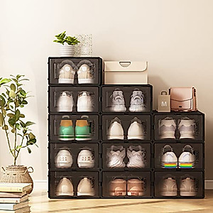 Fixwal Clear Shoe Storage Boxes Stackable, 12 Pack Large Shoe Storage Box with Front Opening Lids, Shoe Container Boxes for Closet Bedroom Bathroom, 13.1 x 9 x 5.5 Inches, Black