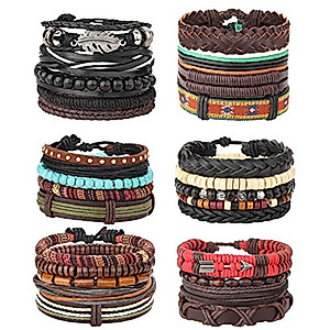 MILACOLATO 26Pcs Woven Braided Leather Bracelet for Men Women Hemp Cords Wood Beads Cuff Bracelets Adjustable Black