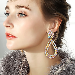 Flyonce Women's Crystal Open Hoop Oval Drop Pierced Dangle Earrings Iridescent Clear AB Gold-Tone