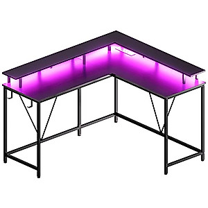 Huuger L Shaped Gaming Desk with LED Lights & Power Outlets, Computer Desk with Monitor Stand & Hooks, Home Office Desk, Corner Gaming Desk, Black