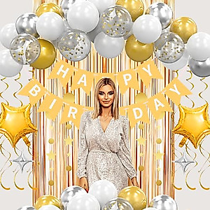Birthday Decorations for Women Girls | White Gold Birthday Party Decorations | Happy Birthday Decorations | Happy Birthday Banner(Pre-Strung) | Birthday Balloons Arch, Foil Curtain,Hanging Swirl