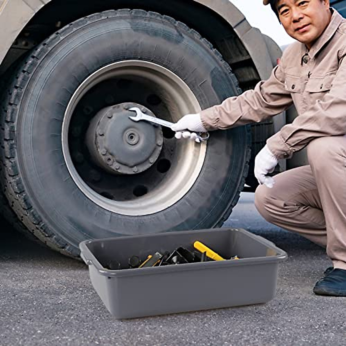 Bringer 13 L Gray Plastic Bus Tubs with Lid, Utility Commercial Bus Totes, Set of 3, F