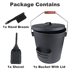 Ash Bucket with Lid and Shovel Hand Broom, 5.15 Gallon Large Galvanized Iron Metal Fireplace Tools Ash Pail for Fire Places Fire Pits Wood Burning Stoves Hearth Accessories Indoor Outdoor, Black