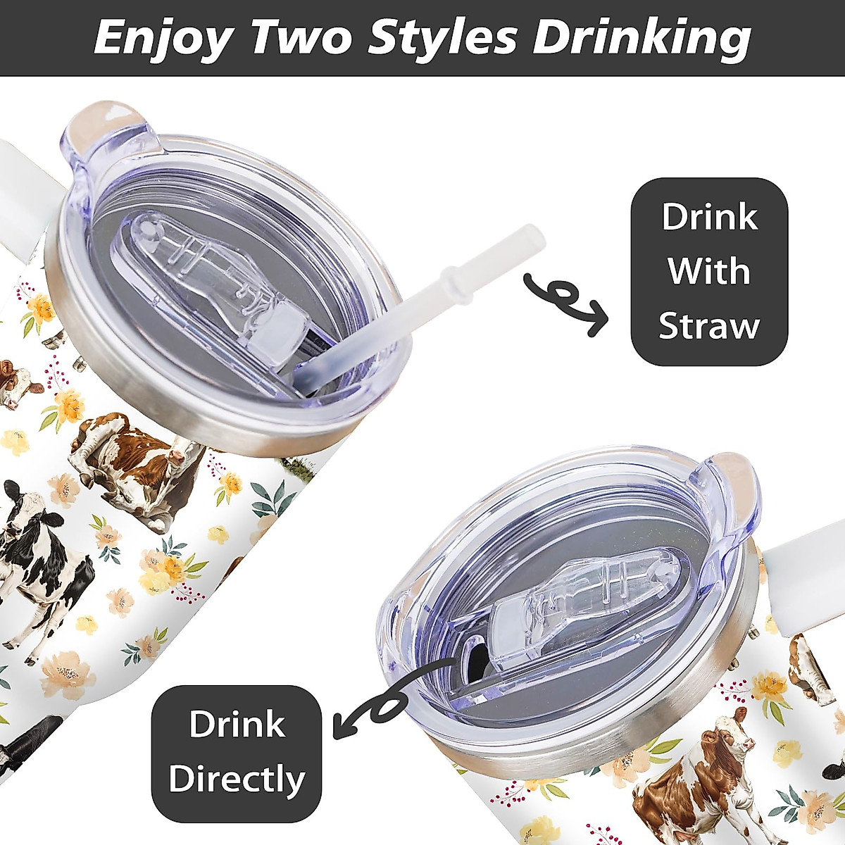 thmasamwr Cow Print Tumbler with Lid and Straw, Stainless Steel 40oz Tumbler with Handle, Cow Print Travel Coffee Mug Water Bottle, Highland Cow Gifts Cups for Women and Girls