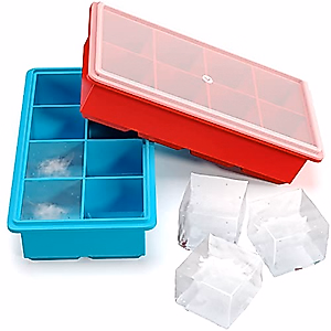 Vremi Stackable Large Ice Cube Trays — Pack of 2 Silicone Trays — 8 Cubes per Tray — Ideal for Cocktails, Frozen Treats, Soups, Sauces,and Baby Food — BPA Free with Frost Resistant Lids — Red and Blue