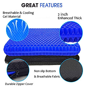 Gel Seat Cushion for Long Sitting, Extra Thick Gel Cushion for Wheelchair Soft Chair Pads Cushion for Office Home Chairs Car Seats Long Trips - Back Sciatica Hip Tailbone Pain Relief Cushion (Blue)