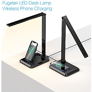 Fugetek LED Desk Office Lamp with Wireless Charger & USB Charging Port, Touch Control, 5 Lighting Modes, 30/60 Min Auto Timer, Eye-Caring, Dimmer, Black