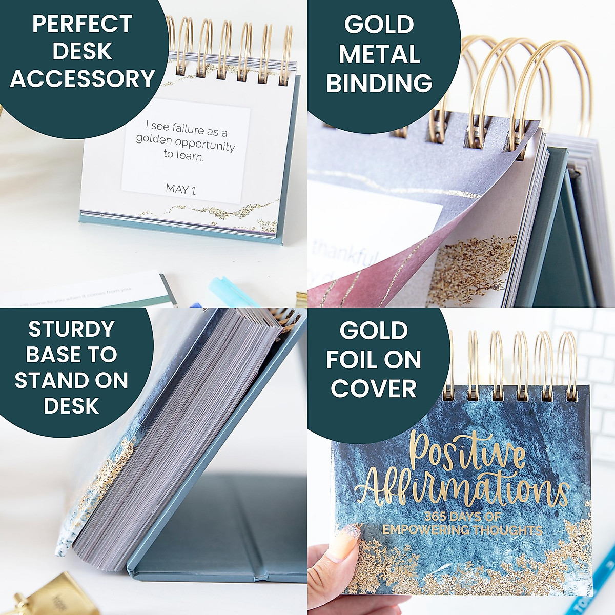 bloom daily planners Undated Perpetual Desk Easel / Inspirational Standing Flip Calendar - Page a Day - (5.25" x 5.5") - Positive Daily Affirmations