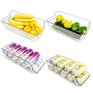 Puricon 4 Pack Clear Plastic Kitchen Organizer, Food Storage Bins and Soda Can Organizer for Refrigerator Fridge Pantry Freeze Cabinets Countertops, BPA Free Fridge Organizer