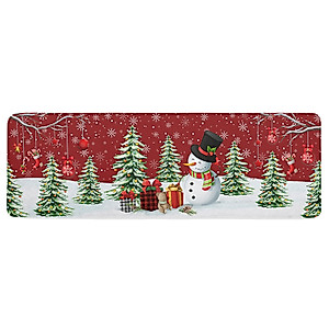 Libaoge Kitchen Mat Rug 1 PCS Christmas Snowman Xmas Tree Gift Winter Snow Red Runner Rug Anti-Fatigue Comfort Memory Foam Standing Mat Non-Slip Floor Door Mat for Bathroom Bedroom 20x63in