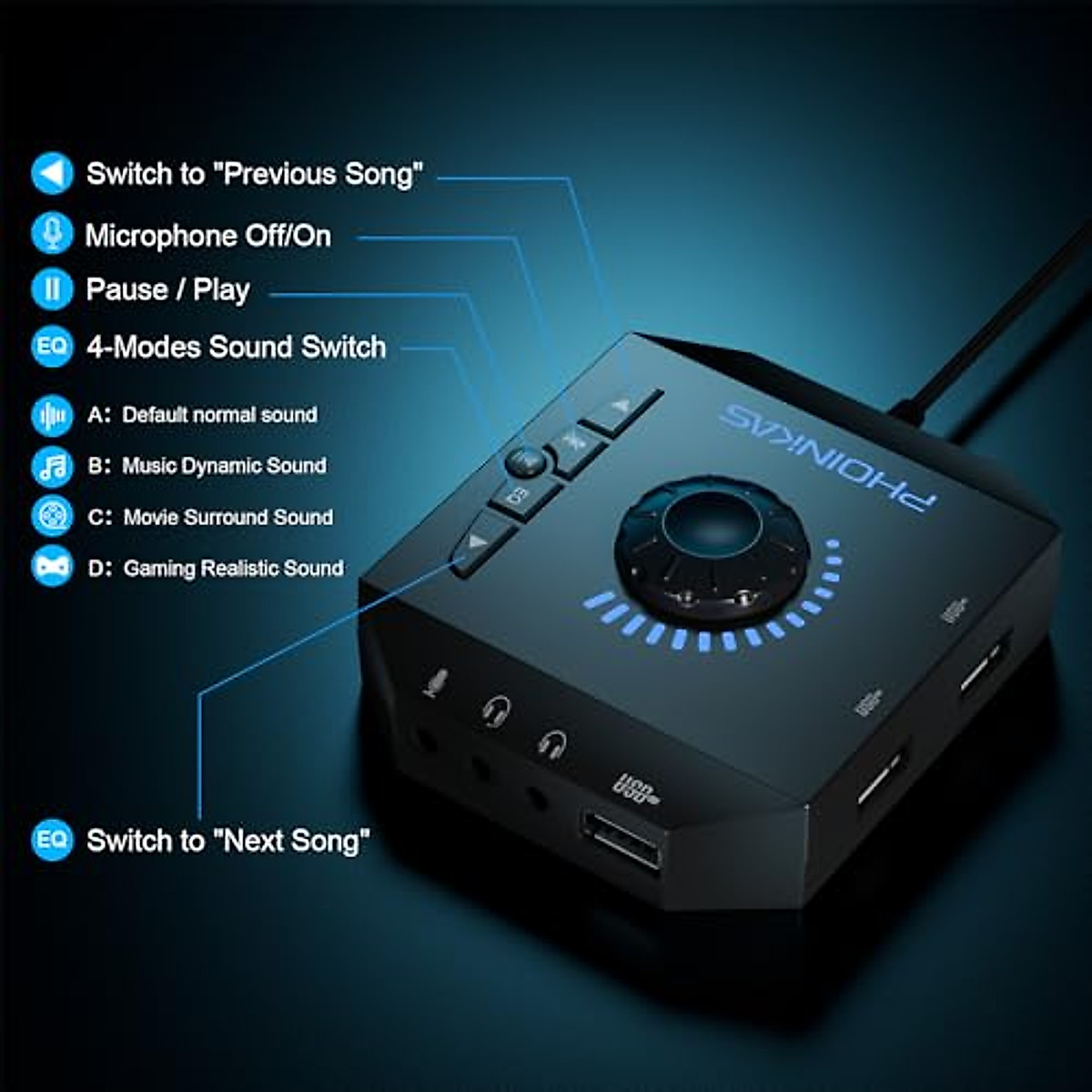 T10 External Sound Card, PHOINIKAS USB Audio Adapter for PC Windows, Mac, Linux, Laptops, Desktops, Stereo Sound Card with 3.5mm Interface & USB Interface, Volume Control, Plug & Play (6-in-1, Black)