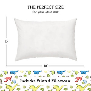 Toddler Pillow with Pillowcase 13x18 - Kids Pillow for Sleeping - Toddler Pillow - Better Neck Support Ergonomic Pillow and Toddler Pillowcase - Best Pillows for Kids (Dinosaurs White)
