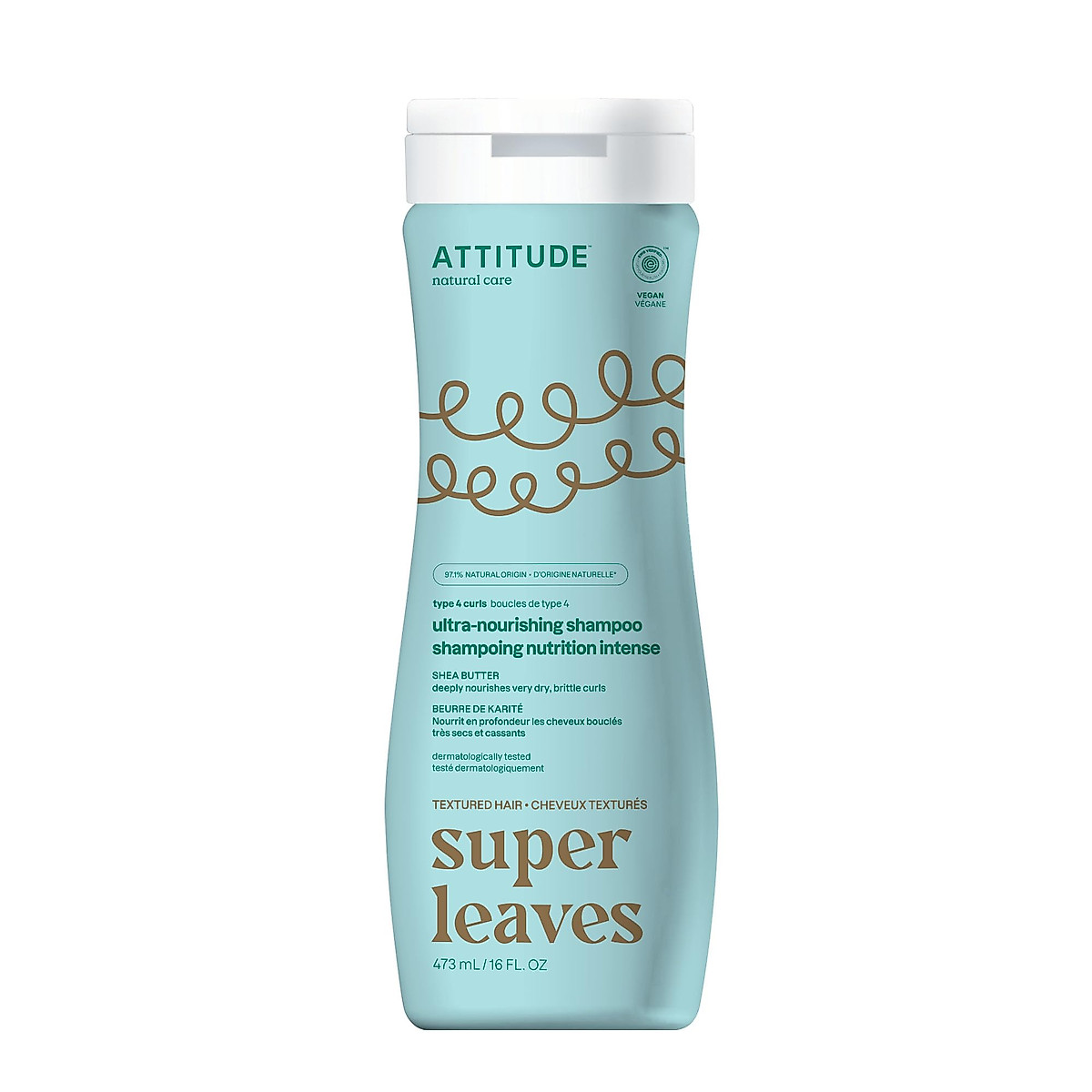 ATTITUDE Ultra-Nourishing Shampoo for Curly Hair with Shea Butter, EWG Verified, Vegan and Naturally Derived 4a, 4b, 4c Curl Type, Deeply Nourishes Curls, 16 Fl Oz