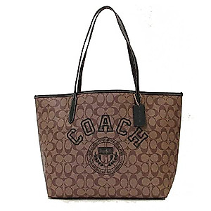 COACH Women's City Tote (Signature Canvas - Varsity Motif - Khaki/Amazon Green)