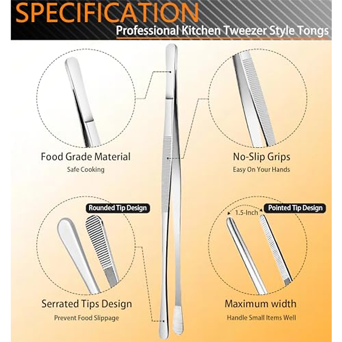 JETKONG 6 Pcs Cooking Tweezer Tongs, 12'' and 6.3" Stainless Steel Kitchen Tweezer Set, Professional Chef Tweezers for Cooking, Repairing, Sea Food, BBQ, Multi-use