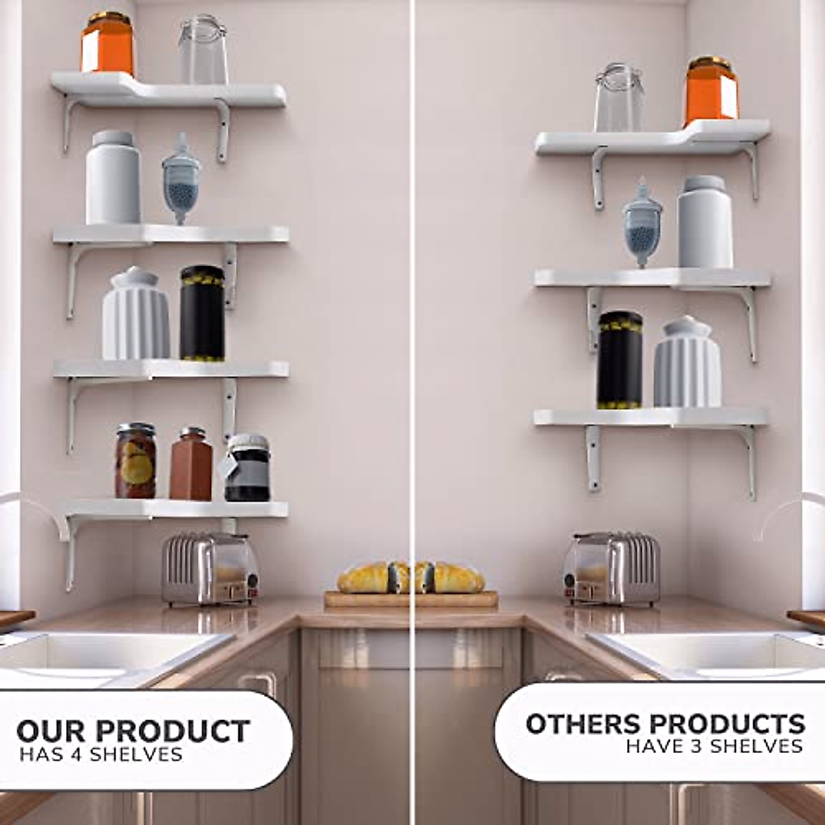 Géneric Set of 4 White Corner Shelves - Corner Floating Shelves - Corner Shelf Wall Mount - Hanging Corner Shelf for Living Room Kitchen Bathroom Bedroom