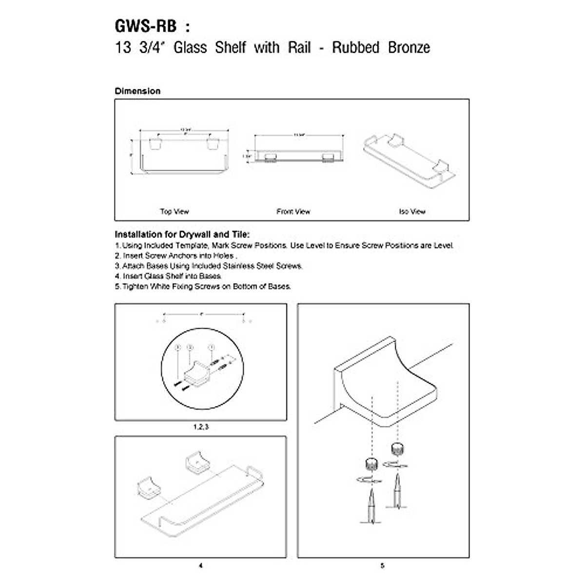 MODONA Glass Wall Shelf with Rail – Rubbed Bronze – 5 Year Warrantee