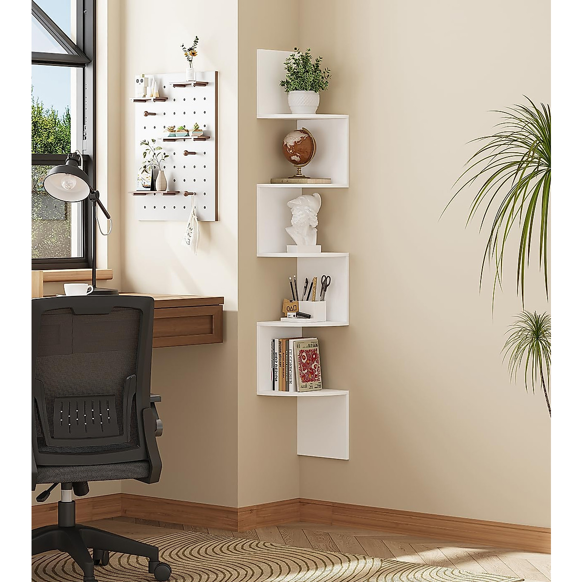 VIMBER 5-Tier Corner Shelf Wall Mount, Corner Bookshelf, Industrial Corner Ladder Shelf, Modern Display Shelf for Living Room, Bedroom, Kitchen, Home Office, Bathroom, White UJSJ003W