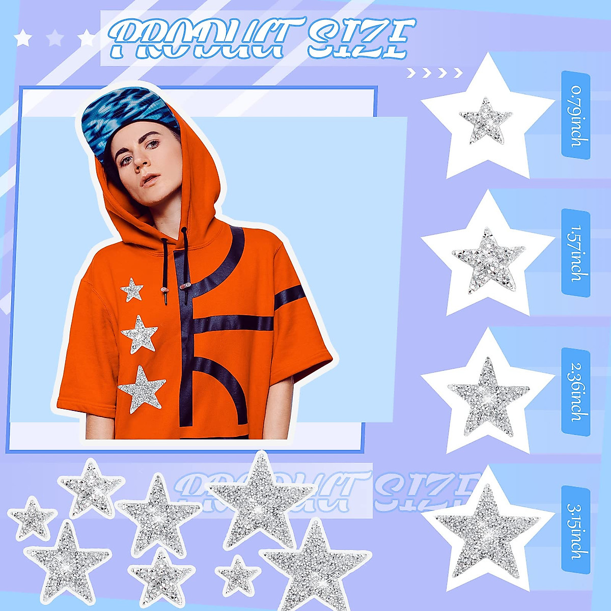 Geosar 60 Pcs Iron on Star Patches Star Shape Rhinestone Appliques Adhesive Glitter Star Patches Rhinestone Appliques Embellishments Patches in 4 Size for DIY(Silver)