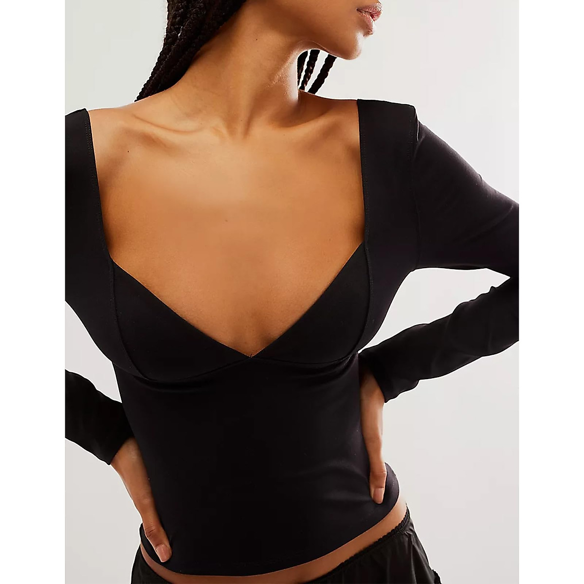 ABYOVRT Women Low Cut Tops Backless Deep V Neck Long Sleeve Crop Tops Sexy Y2k Shirt Going Out Club Wear (C-Black,S)